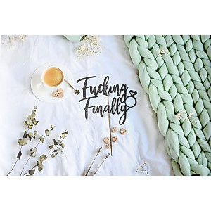 Fucking Finally with Diamond Ring Cake Topper, Funny Wedding Engagement Bridal Shower Bachelorette Party Decorations, Black Glitter