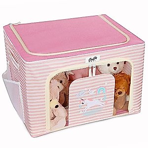 Foldable Big Toy Chest for Boys & Girls - Stylish Oxford Cloth Bedroom Play Room Organization Collapsible Storage Box with Side Pocket & Window - Versatile Kids Toy Bin - Pink, 19.7" x 15.7" x 13.0"