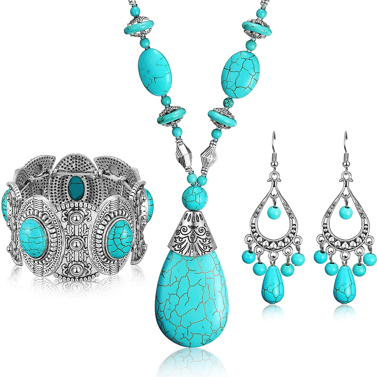3 Pieces Bohemian Turquoise Jewelry Set Women Western Jewelry Set Turquoise Pendant Necklace, Vintage Turquoise Dangle Earrings, Stretchable Turquoise Bracelet for Women Statement Boho Jewelry Set