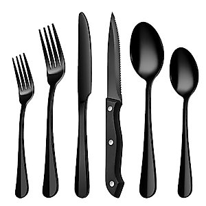 Qupoilke 60-Piece Black Silverware Set with Steak Knives Service for 10，Food Grade Stainless Steel Flatware Utensils Cutlery Set for Home Kitchen and Restaurant