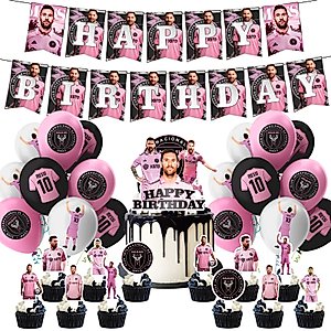 Soccer Star Birthday Party Decoration, Include Miami CF Birthday Banner, Cake Topper, Latex Balloons, for Football Theme Fans, Kids Birthday Party Supplies, Baby Shower