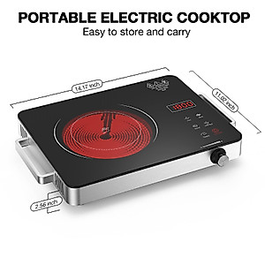 Electric Cooktop, Portable Single Burner Stove With Plug, 1800W Hot Plate Countertop, Child Safety Lock, Timer, 110V Infrared Burner, Touch and Knob Control