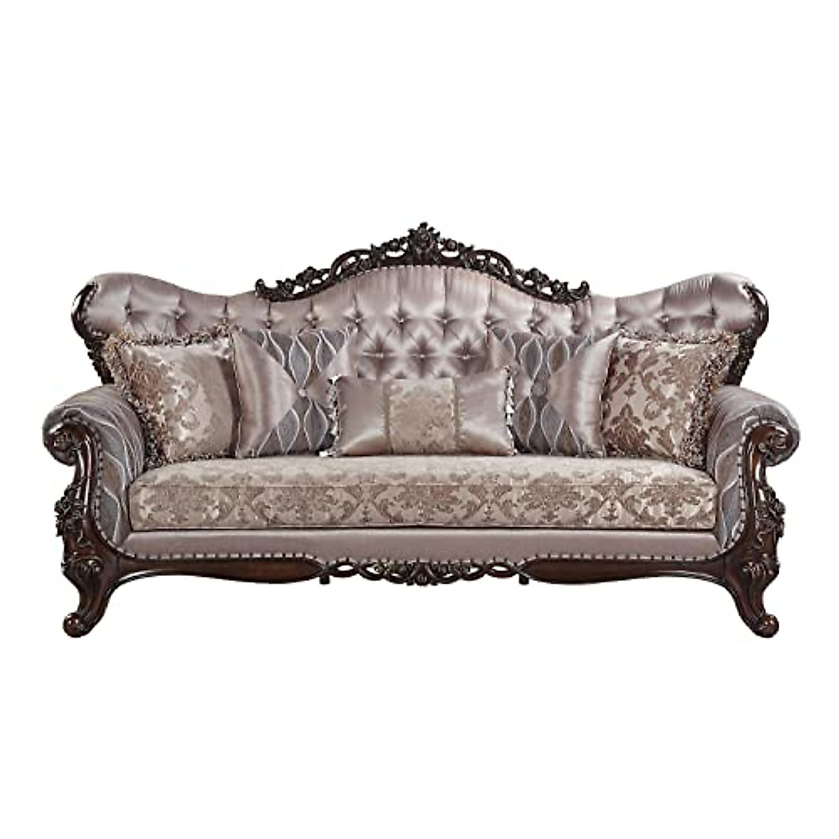 Acme Benbek Sofa with 5 Pillows in Taupe and Antique Oak
