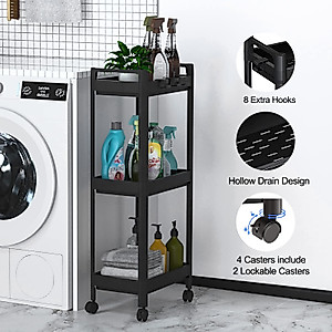 3 Tier Utility Rolling Cart, Rolling Storage Cart with Lockable Caster Wheels, Detachable Bathroom Organizer Cart with Handle, 8 Hanging Hooks, Easy Assembly, for Kitchen, Bathroom, Office, Black