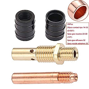 MIG Welding Gun Kit .035" Tip-Nozzle-Diffuser-Adapter for 200/250 Tweco #2 Include (Contact Tips 14-35 0.035", Gas Nozzles 22-50 1/2", Gas Diffusers 52, Nozzle Adapters 32) (35Pcs)