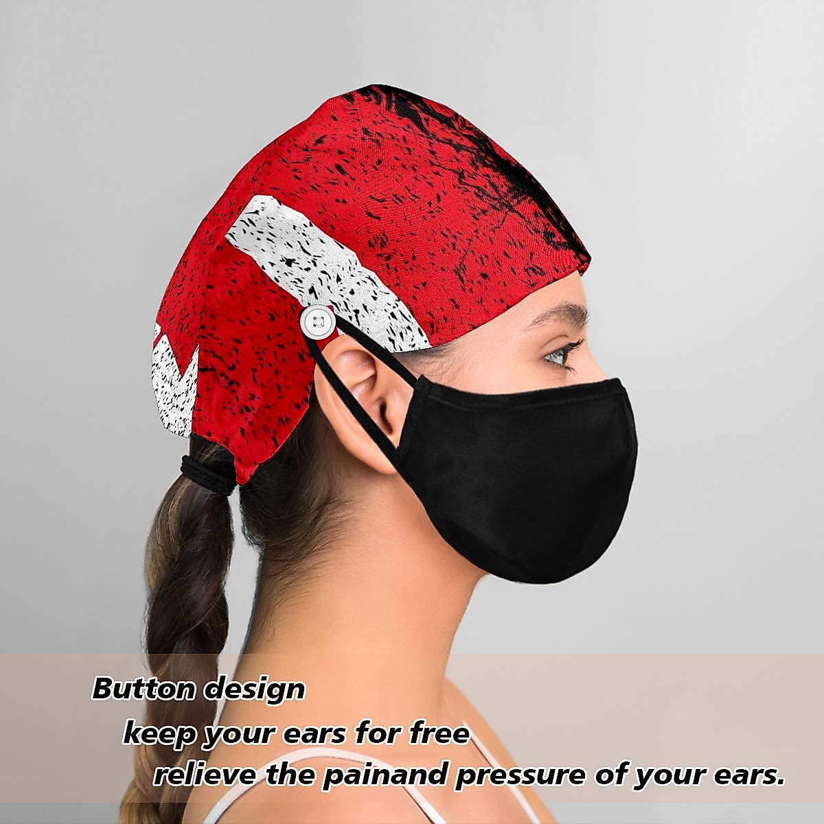 Women's Working Cap with Button and Sweatband, Head Covers Adjustable Tie Back Hat Headwraps Reusable Caps 3D Printed for Men Canada Grunge Flag Maple Leaf Red White Black