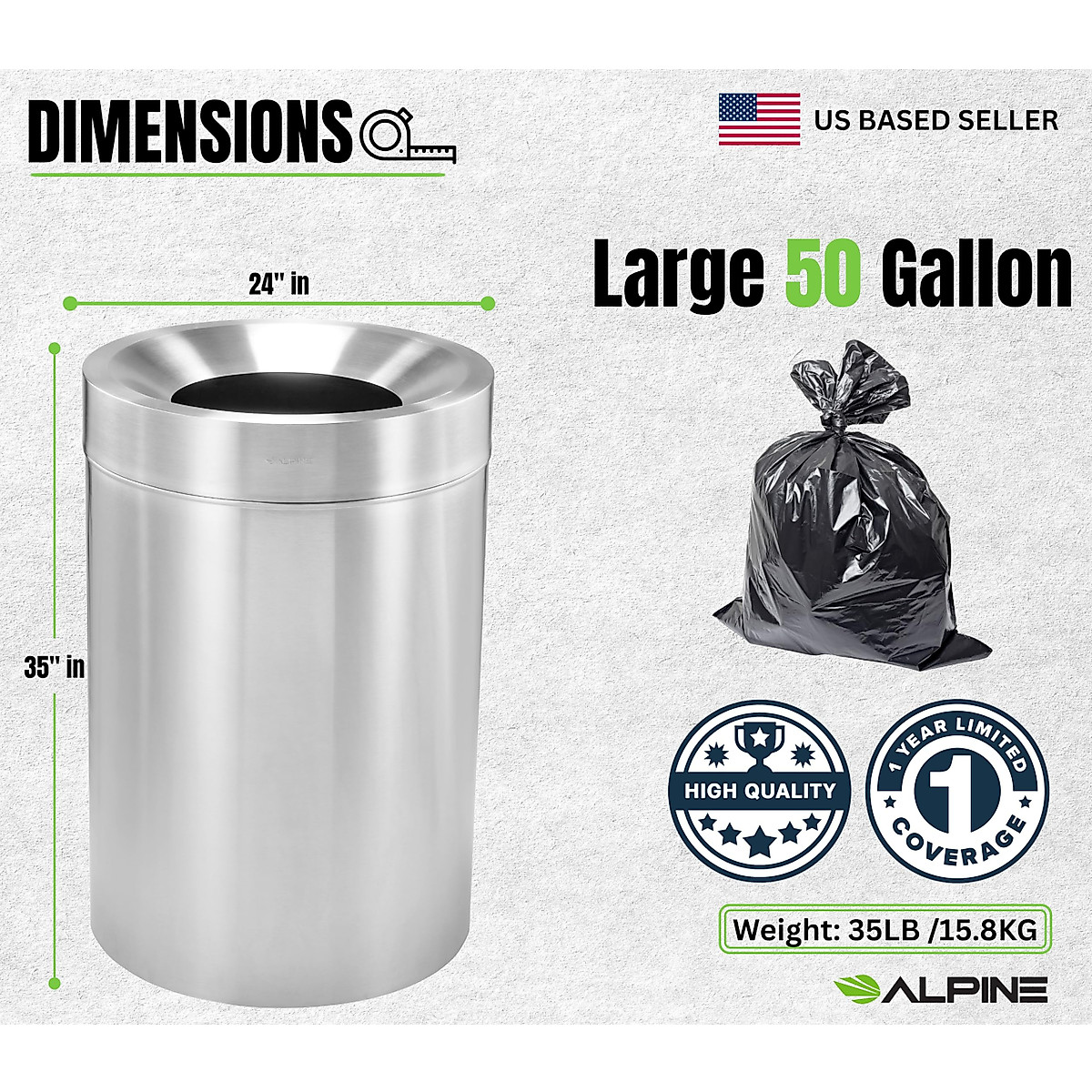 Alpine 50 Gallon Indoor Trash Can - Corrosion Proof Stainless Steel Garbage Bin - Heavy Duty Waste Disposal Trashcan for Litter Free Home, Schools, Hospitals and Businesses (50 Gallon)
