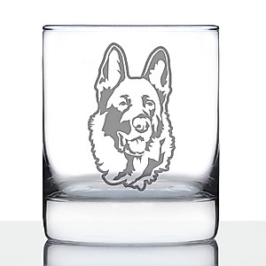 German Shepherd Happy Face - Fun Whiskey Rocks Glass Gifts for Men & Women - Unique Whisky Drinking Tumbler Decor