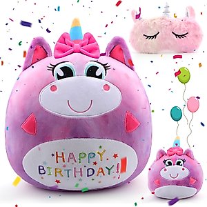 Birthday Plush Unicorn Pillow, Happy Birthday Gifts for Girls Toddlers Kids, Soft Plush Toy Cute Unicorn Stuffed Animal, Plushies Doll Home Room Decoration, Unicorn Sleep Mask