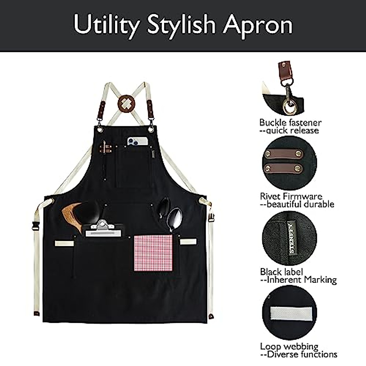 Stenffy Handmade Work Aprons,Cotton Canvas Aprons,Multiple Pockets,Adjustable Cross Back Weight Apron,BBQ,Cafe,Chef,Carpenter Apron,Aprons for Men&Women,Sizes M to XXL,Black Apron