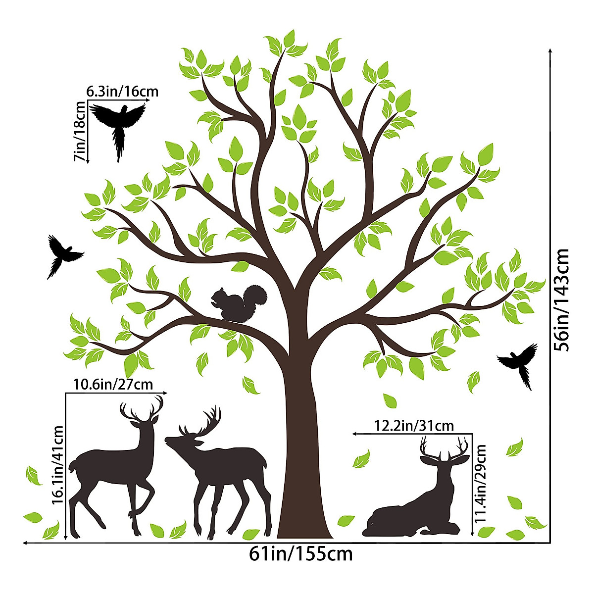 61"x56" Big Green Tree Wall Decals Elk Wall Sticker Leaves Wall Decal DIY Removable Giant Plants Animals Wall Stickers for Baby Kids Girls Bedroom Living Room Nursery Office Sofa Background Home Decor
