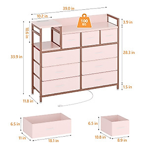 GarveeHome Dresser for Bedroom with 9 Drawer, Tv Stand with Charging Station, Fabric Chest of Drawers for Bedroom Dresser for Modern Design, Pink