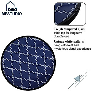 MFSTUDIO Patio Side Table, Folding Portable Round Bistro Coffee Table, Tempered Glass Metal End Table, Plant Stand for Indoor & Outdoor Garden Backyard Lawn Poolside, 18 inch Pattern Blue