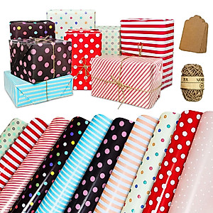 Wrapping Paper Sheets - Folded Flat - 10 Pack Birthday Wrapping Paper Set Included 10 Pieces of Cards Tags and 10 Meters of Cotton Thread, Dots, Stripe Colorful Gift Wrapping Paper for Present-Birthday Gift Wrap Paper for Birthday, Baby Shower, Weddings,