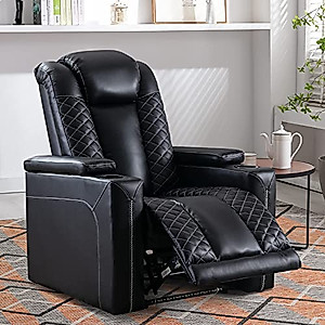 CANMOV Electric Power Recliner Chairs with USB Ports and Cup Holders, Breathable Faux Leather Home Theater Seating Recliner with Hidden Arm Storage, Ambient Lighting, Black