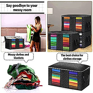 Large Capacity Clothes Storage Bag Organizer with Reinforced Handle Thick Fabric for Comforters, Blankets, Bedding, Foldable with Sturdy Zipper, Clear Window, 3 Pack, 90L (Black)