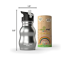 Kids Water Bottle with Straw & Handle, 12 oz Silver- Eco Friendly Toddler Cups with Straws - Easy Sip Metal Water Bottle for Kids - Cute Stainless Steel Water Bottles for Children - Leak Proof Lid