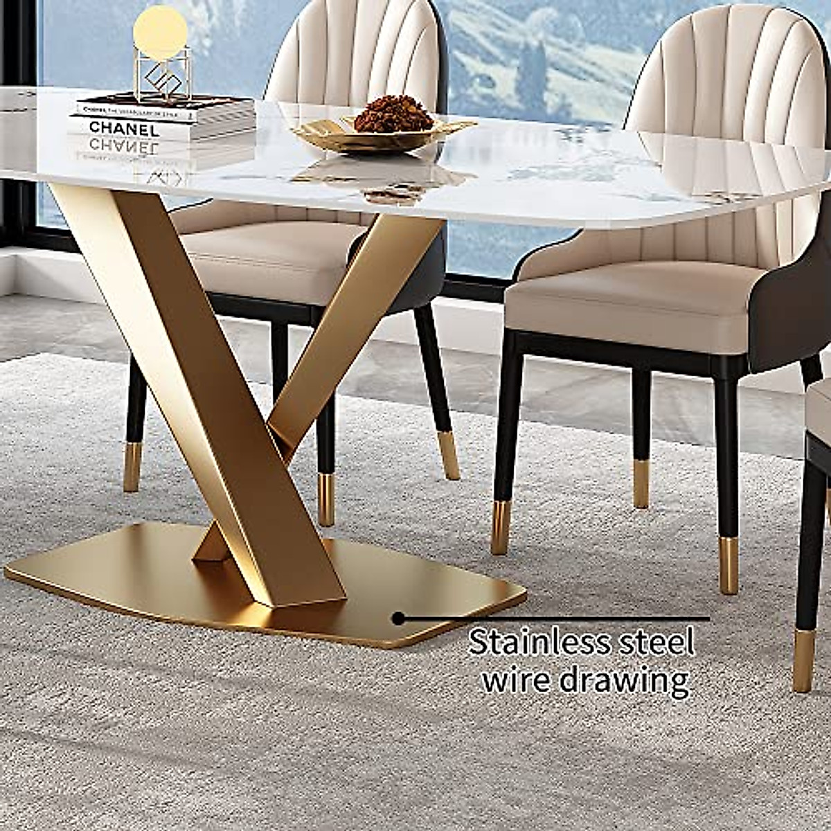 Modern Dining Table, 70.9" Marble Dining Table for 4-6, Durable White Sintered Stone Tabletop, Gold Carbon Steel Metal X-Base, Luxury Table for Kitchen Dining Office (1 Table 6 Orange Chairs)