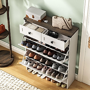 Halitaa Shoe Storage Cabinet with 2 Flip Drawers & 2 Drawers,Shoe Cabinet Storage with Legs for Entryway,Freestanding Shoes Organizer Cabinet,Farmhouse Slim Shoe Cabinet White