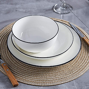 YOLIFE 10 inch Porcelain Dinner Plate Set of 6 - White Round Ceramic Serving Dish for Steak Patas Pizza Restaurant with Black Trim