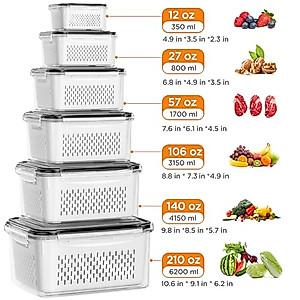 6 Pack Fruit Storage Containers for Fridge with Removable Colanders, BPA Free Food Storage Fridge Organizer, Dishwasher Safe Produce Containers Keep Fruits, Vegetables, Berry, Meat Fresh Longer