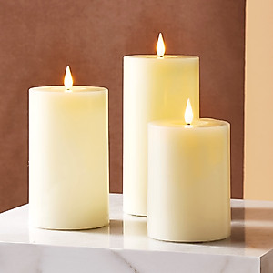LampLust Realistic Flameless Candles with Remote - Set of 3, Batteries Included, Real Wax, 3D Flickering LED Flame, 3 Inch Diameter Pillar Candles for Mantel Decor, Valentine & Wedding Decorations