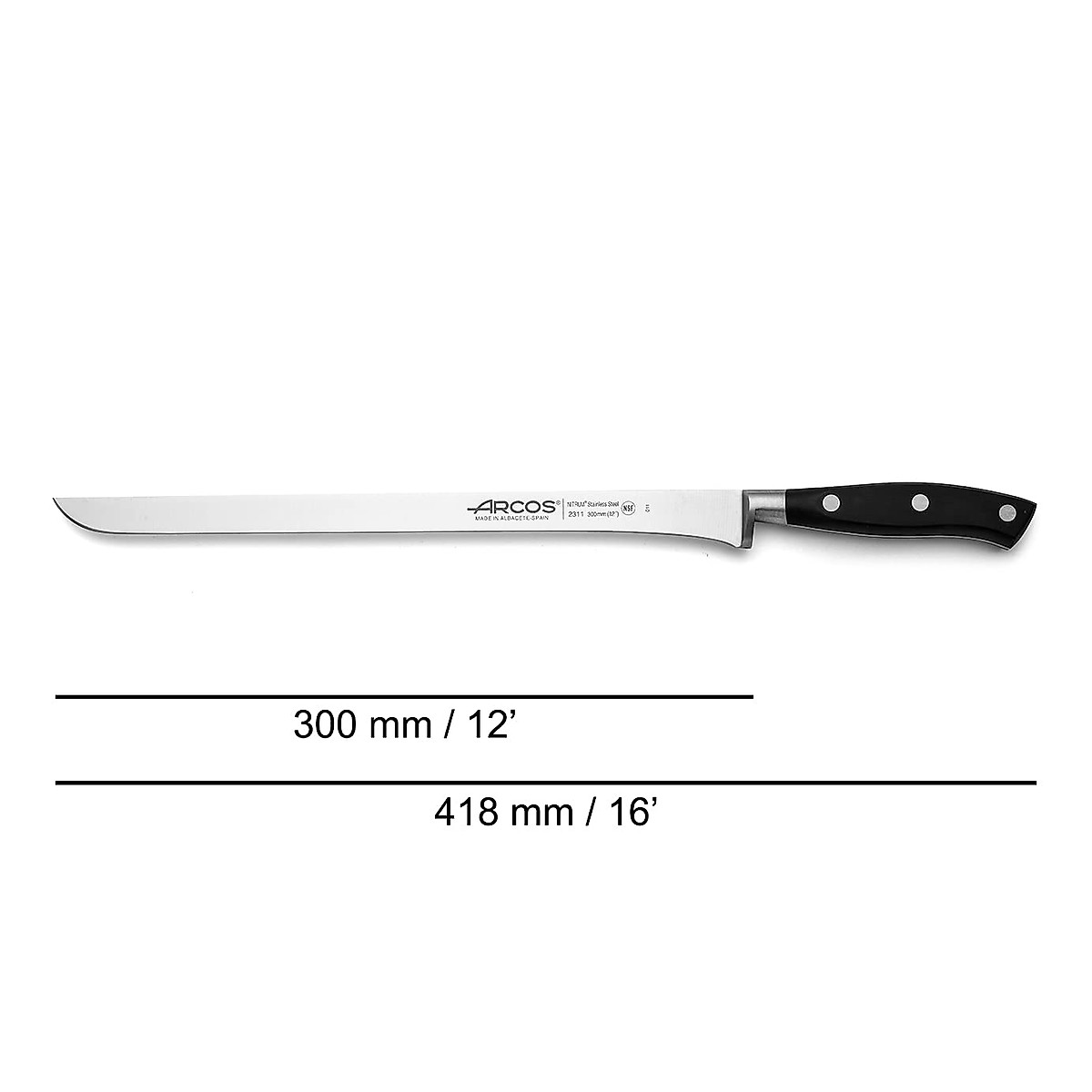 ARCOS Slicing Knife / Ham Knife 12 Inch Nitrum Stainless Steel and 300 mm blade. Ergonomic Polyoxymethylene POM Handle.Series Riviera. Elegant design, along with the comfort of its handle. Color Black