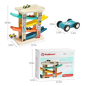 TOP Bright Toddler Wooden Race Track Car Ramp Toys for 1 2 Year Old Baby Motor Skills Race Tracks Car Ramp Vehicle Playsets with 4 Mini Cars and 1 Car Garage
