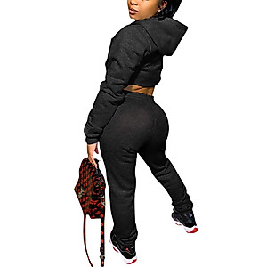 Akmipoem Winter Outfits for Women 2 Piece Tracksuits Long Sleeve Crop Hoodie Sweatshirts Jogging Pants Set Black L