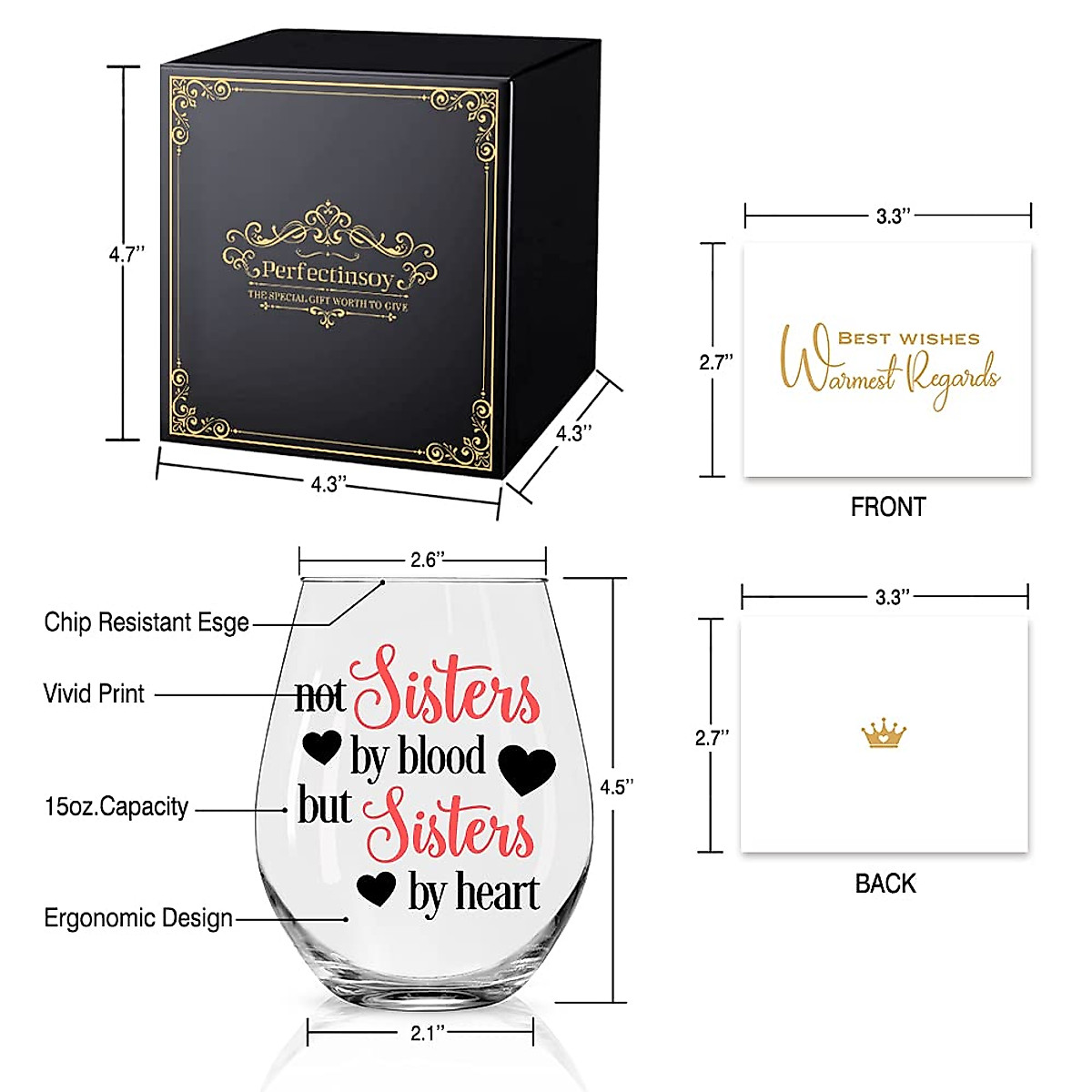 Perfectinsoy Not Sister By Blood But Sister By Heart Wine Glass with Gift Box, Funny Friend Gifts for Women, Soul Sister Gifts, Sister in Law Gifts, Funny Birthday Gifts Ideas for Women