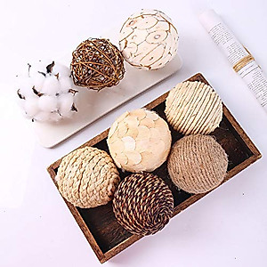 idyllic Decorative Balls for Bowls Natural Wicker 3 Inches Rattan Woven Twig Orbs, String and Cotton Balls Spherical Vase Fillers for Centerpieces - Bag of 8 Brown and White