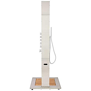 Signature Hardware 417701 Dalton Stainless Steel Thermostatic Outdoor Shower Panel with Shower Head, Hand Shower, Bodysprays and Bamboo Tray