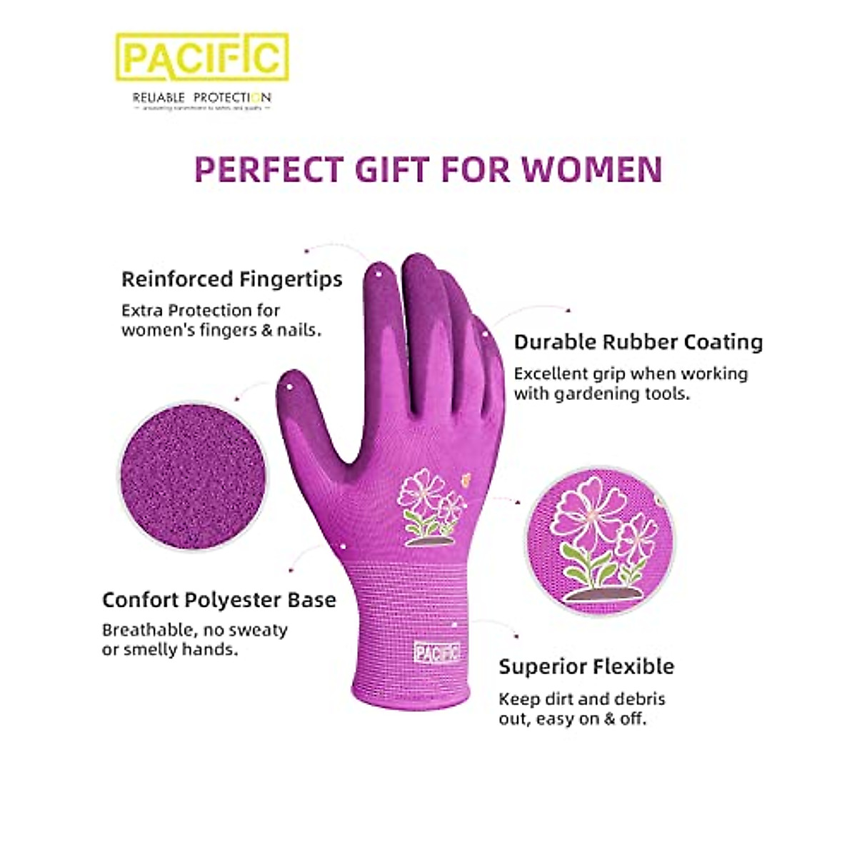PACIFIC PPE 6 Pairs Gardening Gloves for women and Ladies, Rubber Coated Garden Gloves, Outdoor Protective Work Gloves, Medium Size fits Most, Purple & Yellow & Red