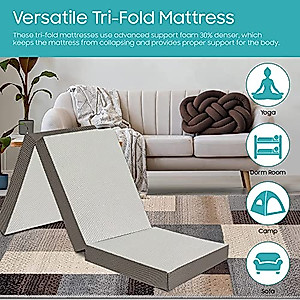Greaton 4-Inch Tri-Folding Portable Gel Memory Foam Floor Mattress | Ultra Soft Breathable Mesh Sides, Cot Pad, Comfortable Multi-Functional Mattresses, Removable and Washable Cover, 25-Inch, White