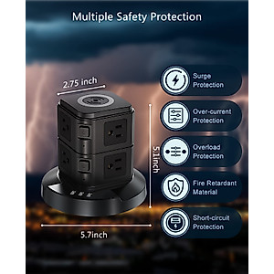 Power Strip Tower Surge Protector, Extension Tower with Wireless Charging, Vertical Charging Station with 8 Plug 3 USB Ports, for Home Office Hotel Dorm,Black