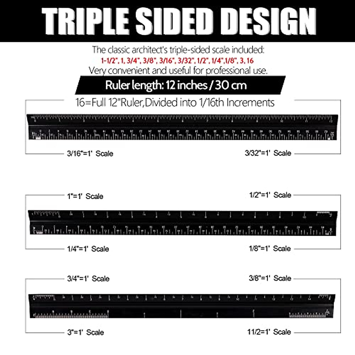 12"Architectural Scale Ruler, Aluminum Scale, Triangular Ruler, Scale Ruler for Blueprint Imperial Measurements for Architects Engineering Artists, Draftsman Drawing, Laser-Etched Markings.(Black)
