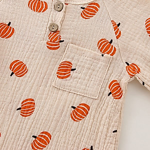 FIOMVA Newborn Baby Girl Boy Halloween Outfit Pumpkin Long Sleeve Romper Onesie Cotton Linen Jumpsuit Fall Winter Clothes (Pumpkin-Beige,0-3 Months)