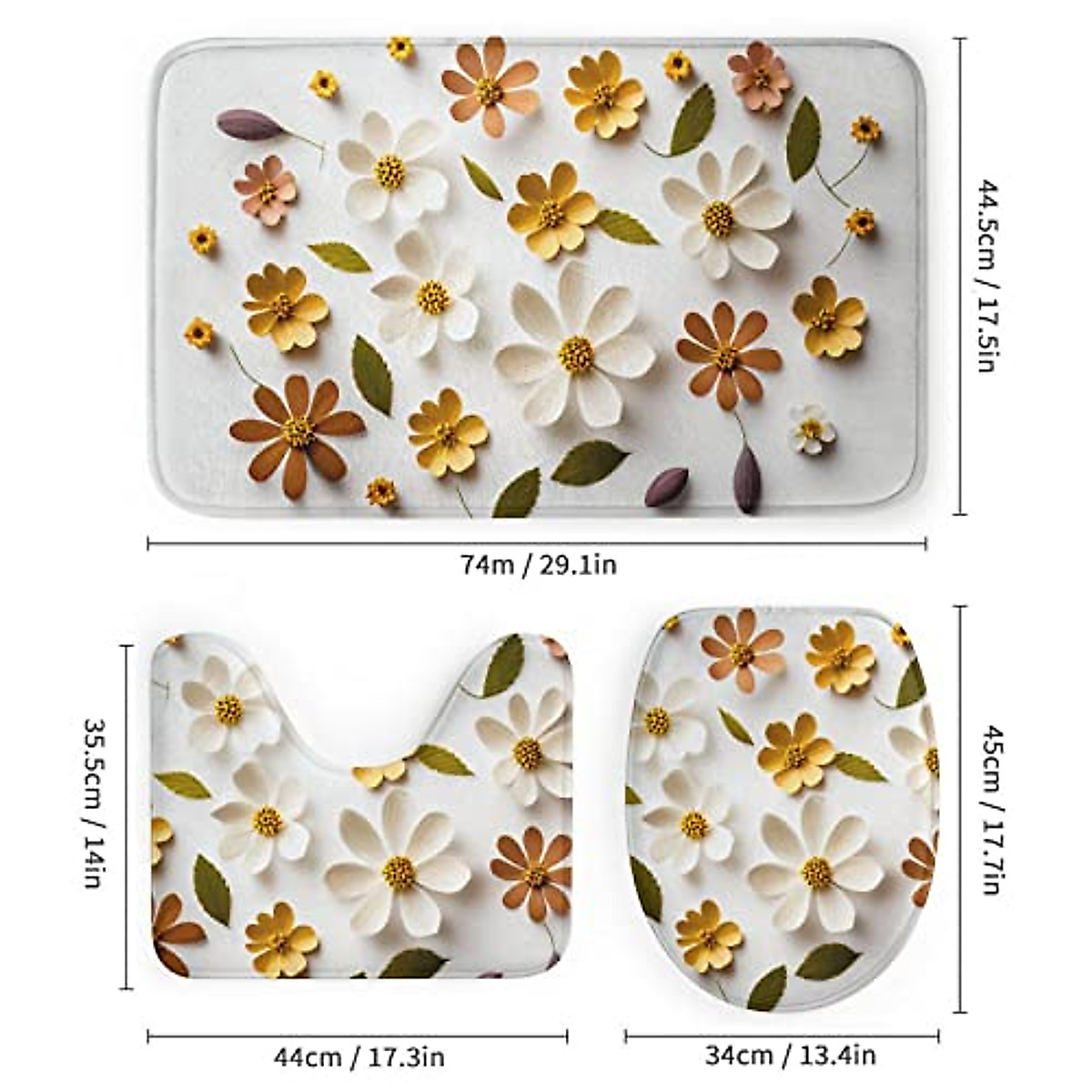 YSINOBEAR Spring Color Floral Shower Curtain Sets with Non-Slip Rug,Toilet Lid Cover and Bath Mat,Yellow and White Flowers Shower Curtain Sets with 12 Hooks,Durable Waterproof Shower Curtain.