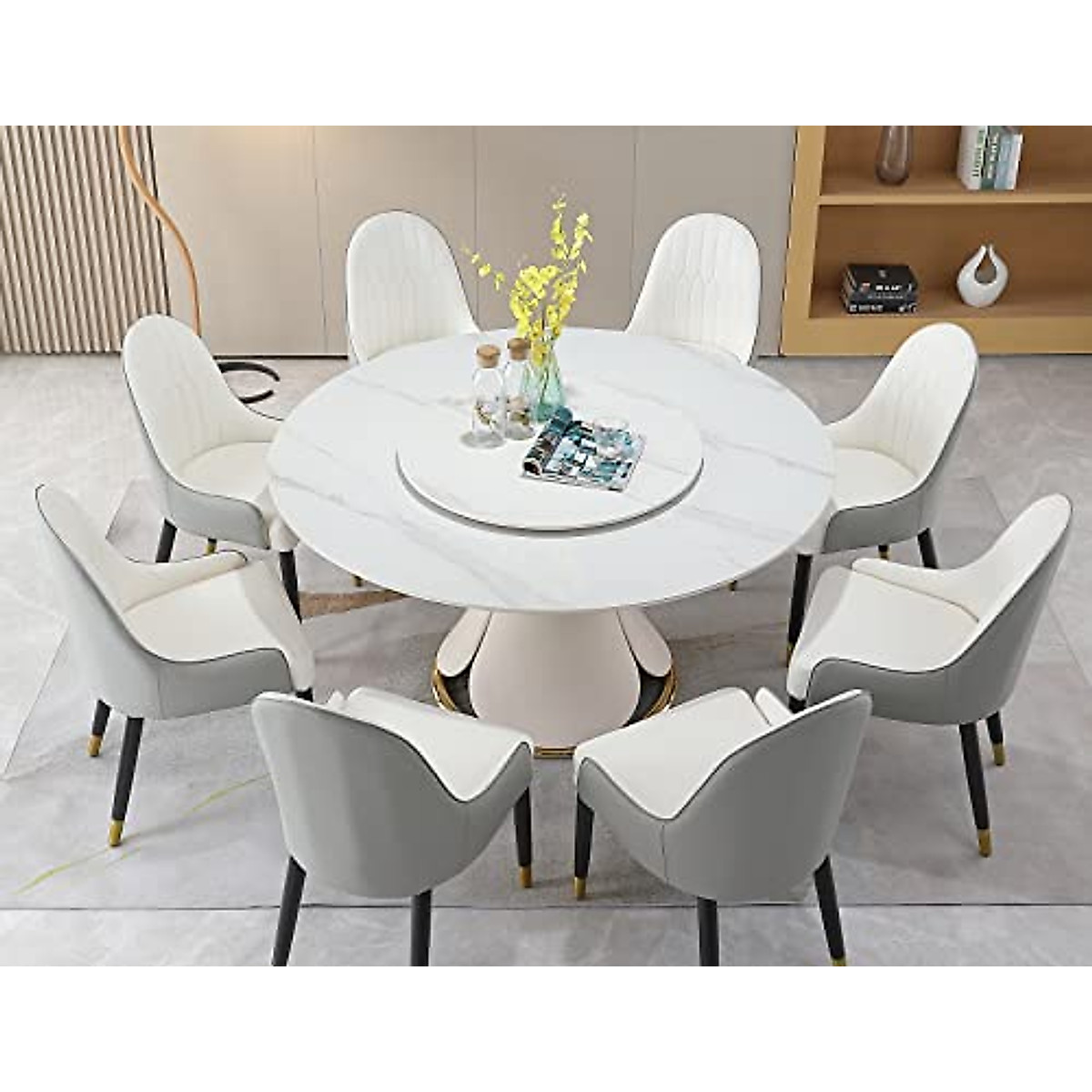 Leavader 9-Piece Dining Table Set - 59" Round Dining Table with Rotating Tray, 1 Faux Marble Dining Table & 8 PU Leather Chairs, Morden Round Stone Dining Table Set for Kitchen, Resterant