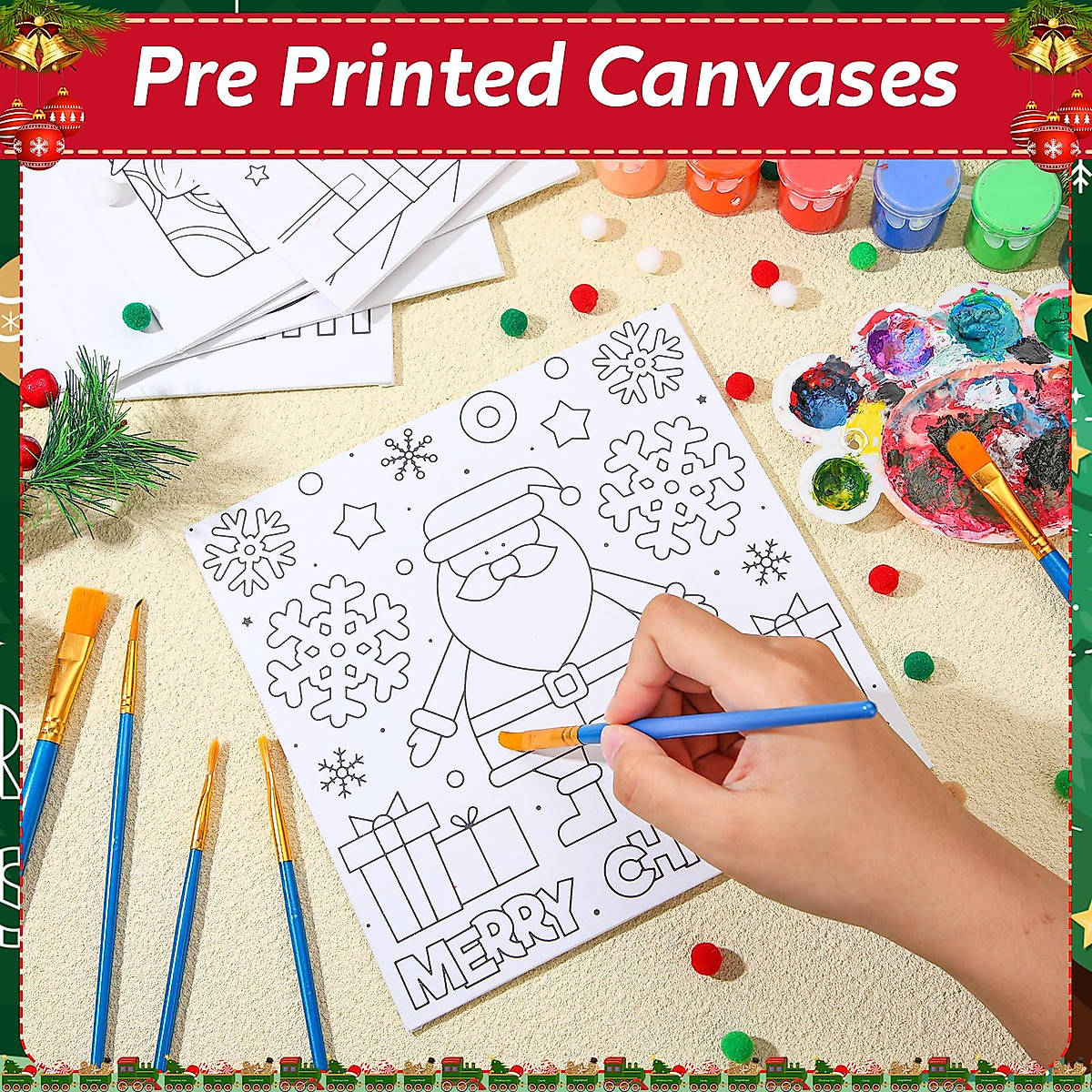 Tenceur 30 Pcs Pre Drawn Stretched Canvas 8 x 8 Inch Pre Drawn Canvas for Painting Coloring Canvas Preprinted Canvas to Paint for Adults Kids Party Favor DIY Art Supplies (Santa Claus)