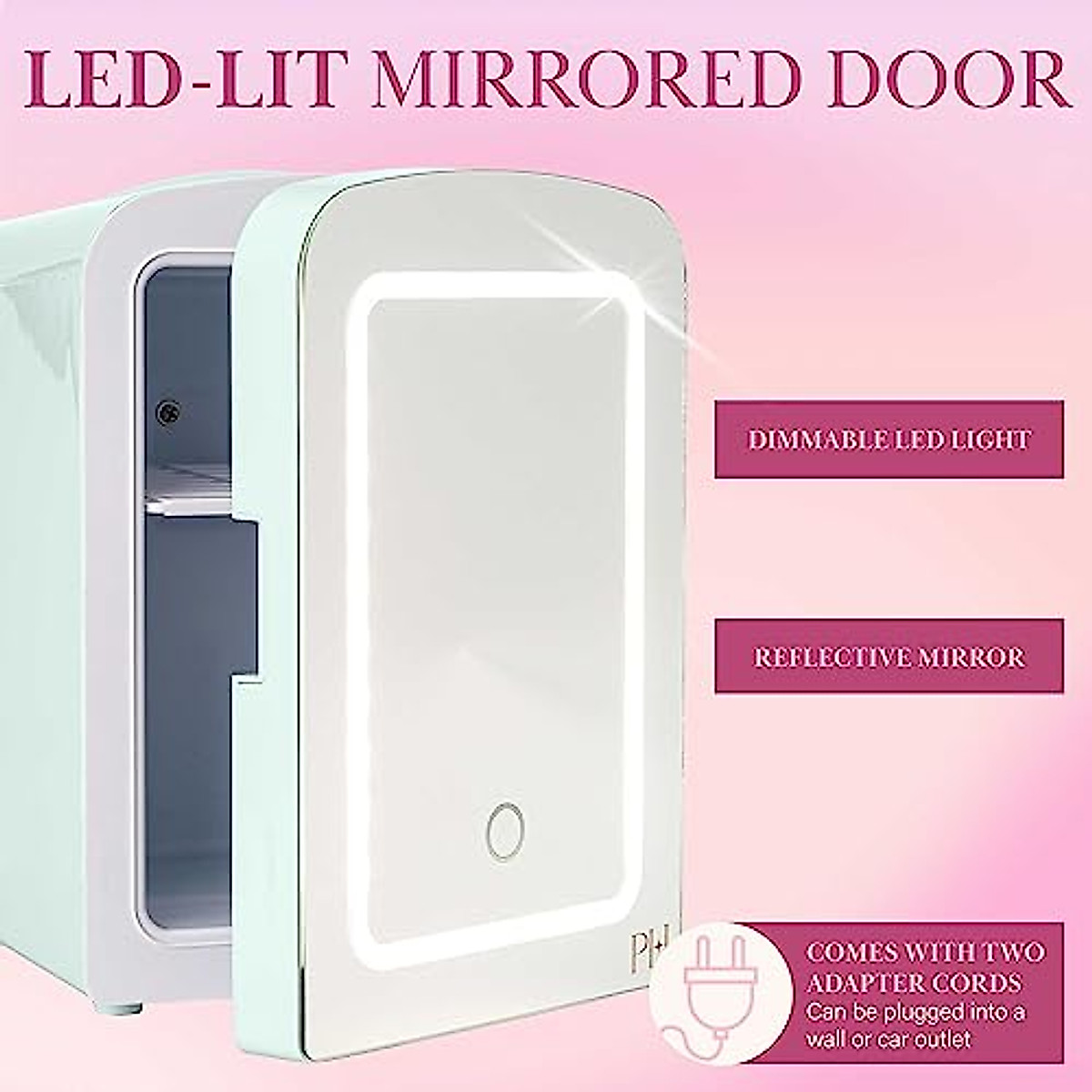 Paris Hilton Mini Refrigerator and Personal Beauty Fridge, Mirrored Door with Dimmable LED Light, Thermoelectric Cooling and Warming Function for All Cosmetics and Skincare Needs, 4-Liter, Aqua