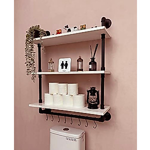 ROGMARS Industrial Pipe Shelving Floating Bathroom Shelves with Towel Bar Over Toilet,3 Tier 30 inch Retro White Rustic Farmhouse Pipe Wall Shelves for Kitchen Storage (30inch 3 Tier)