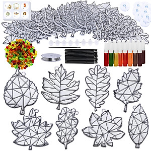 Winlyn 24 Sets Fall Leaf Suncatchers Ornaments Decorations DIY Window Paint Art Suncatchers Craft Kits Autumn Maple Leaf Sun Catchers for Kids Classroom Thanksgiving Harvest Party Art Project