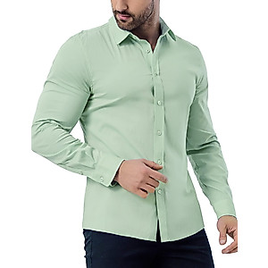 ZAFUL Mens Dress Shirts Slim Fit Button Down Long Sleeve Stretch Collared Shirt Cotton Wrinkle Free Button Up Mens Tops Light Green Small
