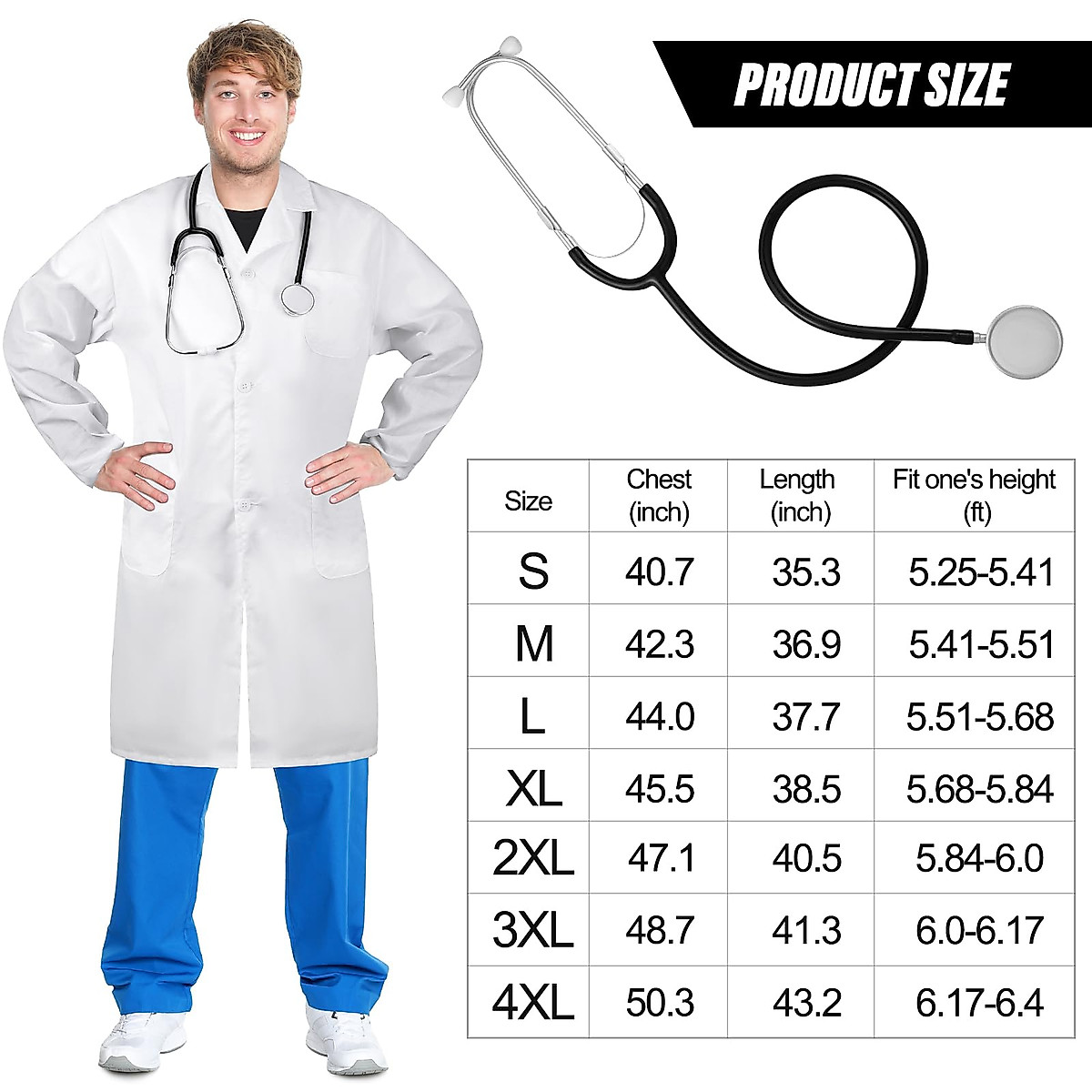 Women Men Doctor Costume Lab Coat Set Halloween White Lab Coat Scientist Coat and Dual Head Stethoscope Adults Unisex(X-Large)