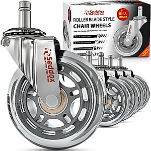 Professional Office Chair Wheels 10mm Stem - FIT IKEA Chairs ONLY - 3'' Replacement Rollerblade Rubber Chair Casters - Best Protection for Your Hardwood Floors Without Any Chair MATS - Silver