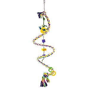 Birds LOVE Cotton Boing n' Toy with plastic chews & toy rattle ball on Sisal Rope, African Congo, Goffin Cockatoo, Mini Macaw, Yellow Naped Amazon, Size MD: 0.87"Dia*63"L (full length if straightened)