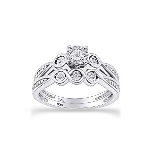 AFFY 1/10 ctw Round White Natural Diamond Set Ladies Engagement Wedding Bridal Ring Set In 14k White Gold Plated Sterling Silver (I-J / I2-I3, 0.10 ctw) Size-6