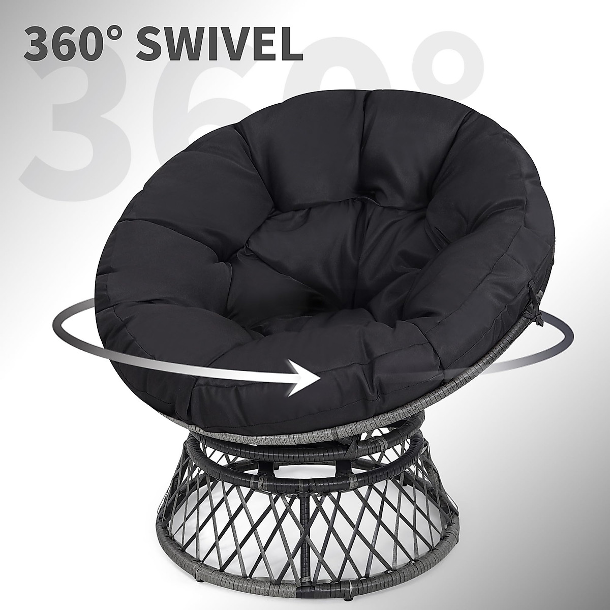 KROFEM 37" Wicker Papasan Circle Chair 360° Swivel, Indoor Outdoor Furniture, Ideal for Teenagers, Frame with Black Thick Cushion