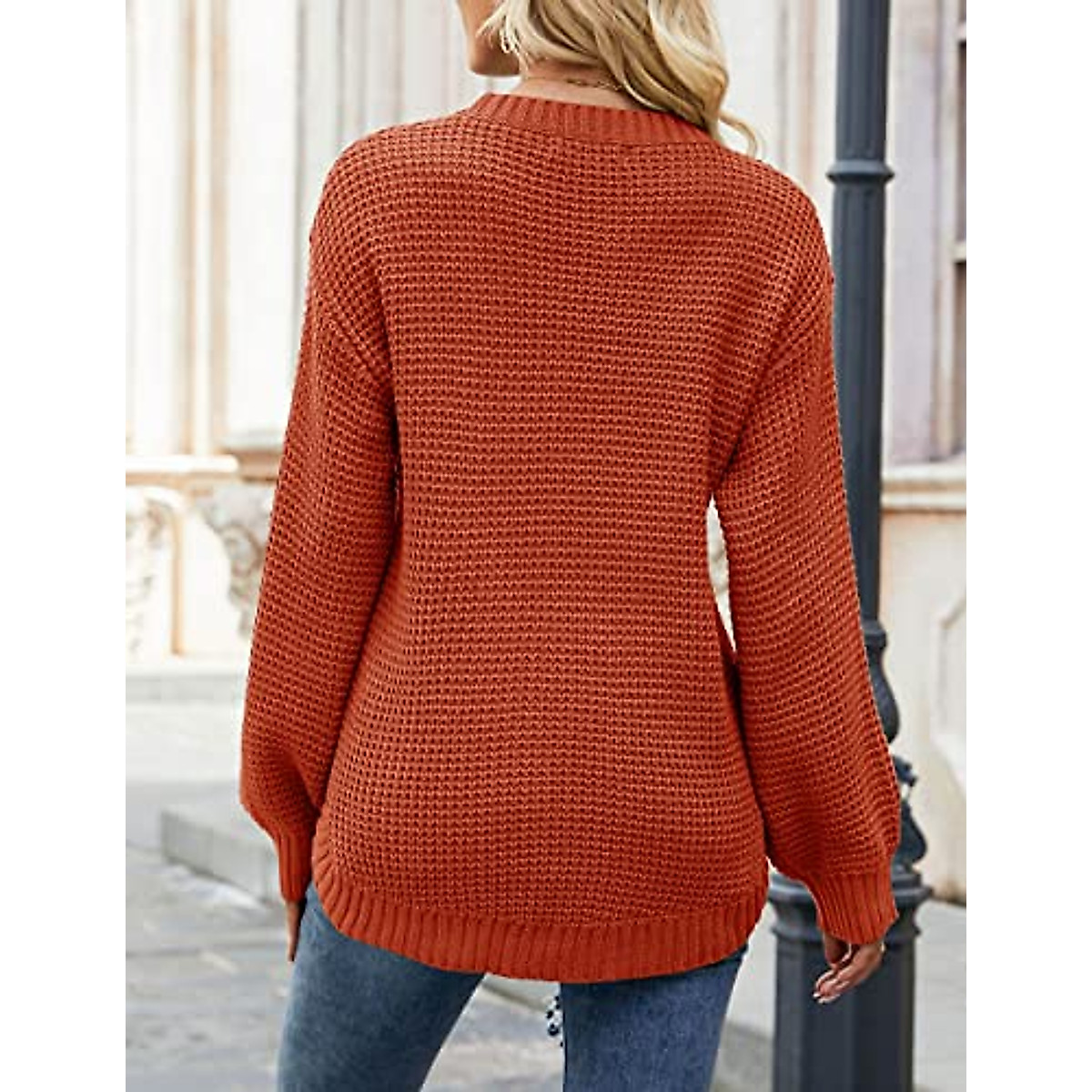 MEROKEETY Women's 2023 Casual Fall Waffle Knit Sweater Long Balloon Sleeve Loose Pullover Jumper, Rust, M